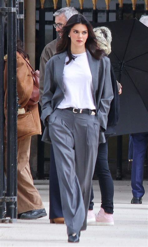 Kendall Jenner In A Grey Pantsuit Was Seen Filming For Loreal In Paris