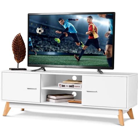 Modern 55 Inch Solid Wood Tv Stand In White Finish And Mid Century Legs