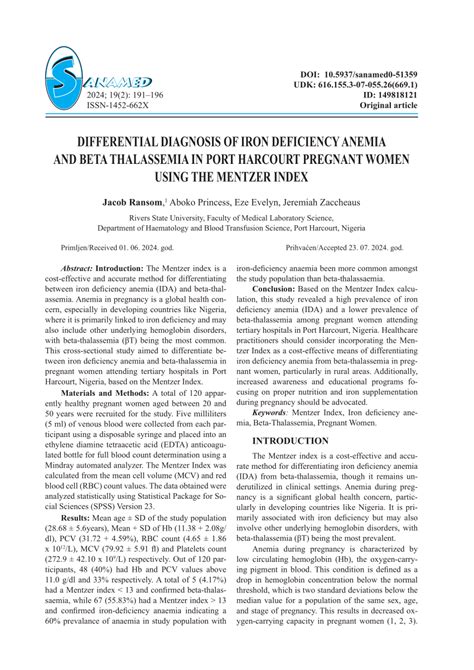 Pdf Differential Diagnosis Of Iron Deficiency Anemia And Beta