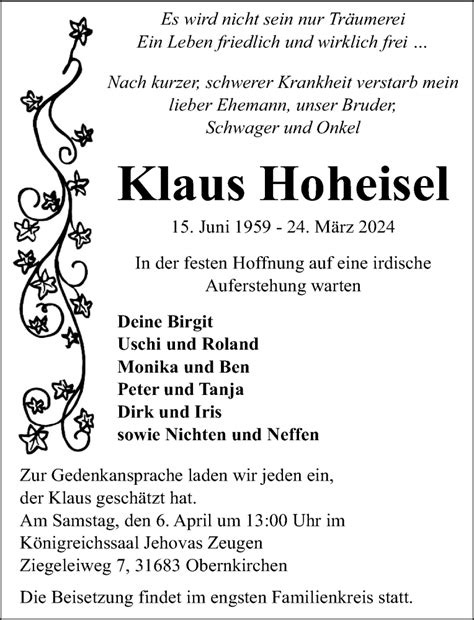 Traueranzeigen Von Klaus Hoheisel Trauer Anzeigen De