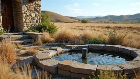 Rustic Stone Water Feature And Irrigation Trough Sits In A Dry Rural Landscape Dry Grasses