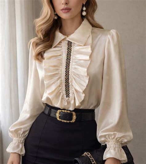Vintage Satin Ruffle Blouse Cream 80s Statement Shirt Gold Trim