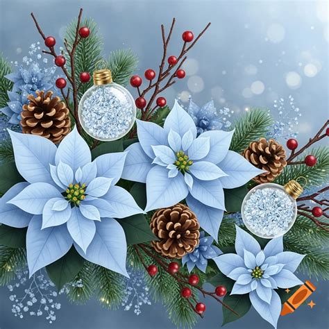 A Festive Arrangement Of Light Blue Poinsettias Pine Needles Red