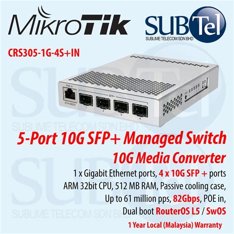 Crs305 1g 4sin Mikrotik Smart Switch 10g Media Converter 4 X Sfp