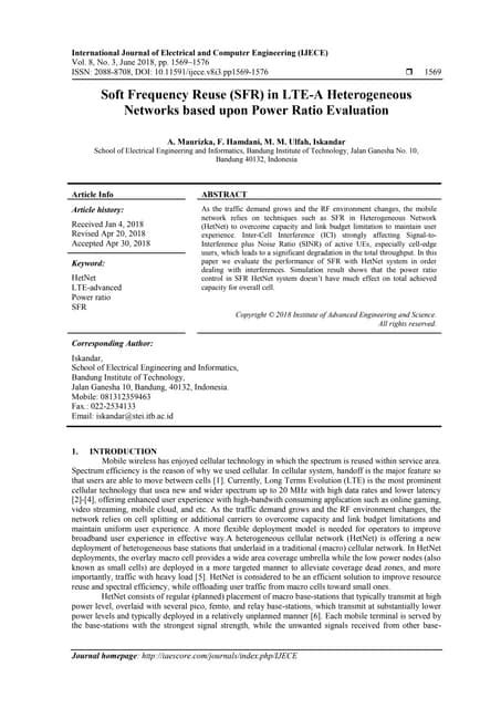 Soft Frequency Reuse Sfr In Lte A Heterogeneous Networks Based Upon Power Ratio Evaluation Pdf