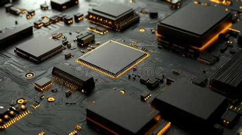 Microchips And Intricate Pathways Are Visible Close Up On A Modern Circuit Board Stock Image