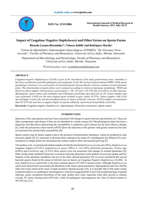 Pdf Impact Of Coagulase Negative Staphylococci And Other Germs On Sperm Forms