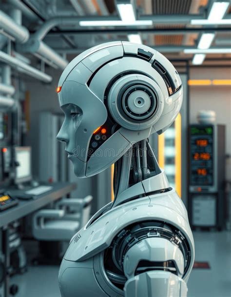 Advanced Robot AI Stands in High Tech Future Lab. Sleek Design Robot Observes Modern Tech ...