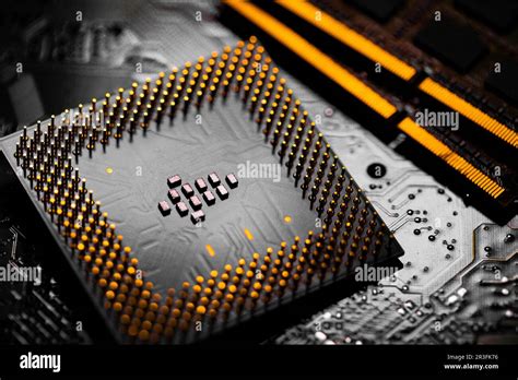 Close Up Of Ram Memory And Pins On Main Cpu Pc Processor Circuit Board