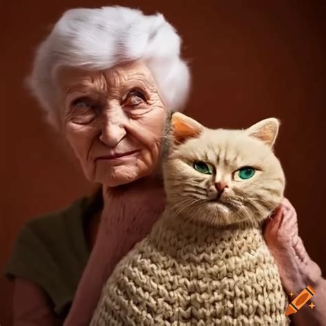 Elderly Woman Proudly Showing Off Her Giant Knitted Cat Creation On Craiyon