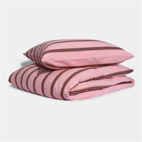 Cotton Percale Bedding Set Pink Dobby Stripe Sengetøj Pudebetræk