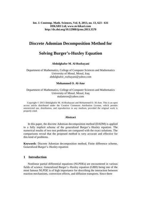 Pdf Discrete Adomian Decomposition Method For Solving · Pdf Fileburger And Burgershuxley