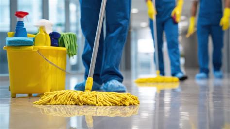 Professional Cleaning Crew Mopping Floors In A Commercial Or Office