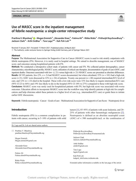 Use Of Mascc Score In The Inpatient Management Of Febrile Neutropenia A Single Center