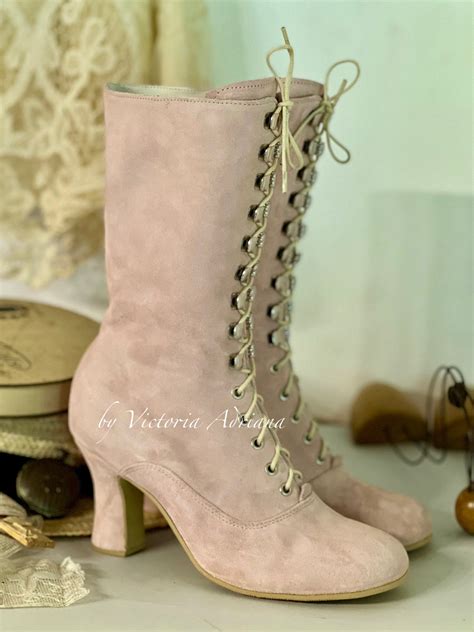 Powder Pink Suede Leather Boots Victorian Boots Powder Pink Boots