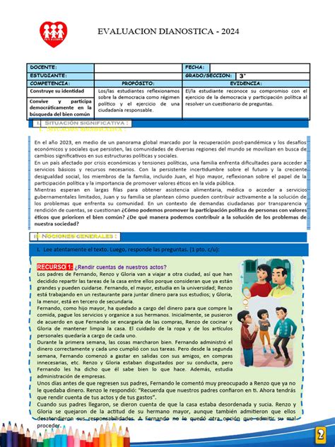 3° A B C 24 Dpcc Evaluacion Diagnostica 2024 Pdf Democracia