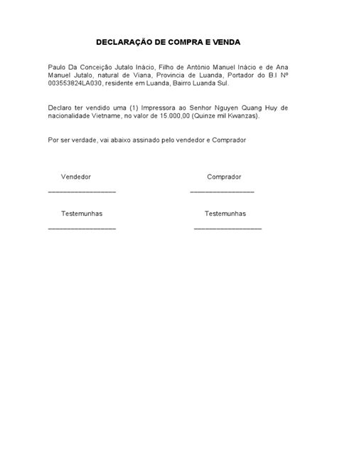 Declaração De Compra E Venda Pdf