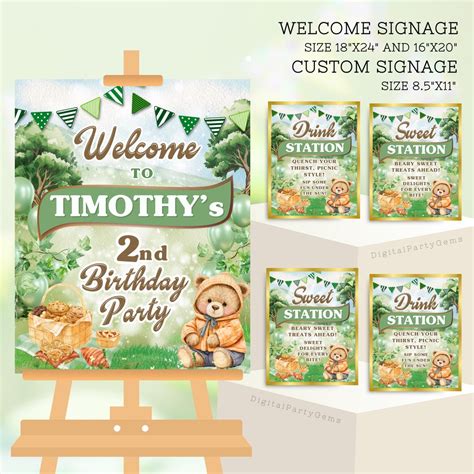 Teddy Bears Picnic Welcome Signage With Custom Sign Greenery Bear