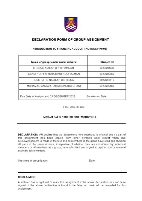 Acc 117 Group Project Declaration Form Of Group Assignment Introduction To Financial