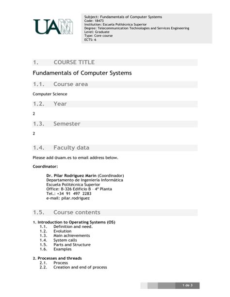 1 Course Title Fundamentals Of Computer Systems 11 Course