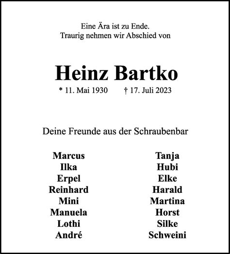 Traueranzeigen Von Heinz Bartko Trauer And Gedenken