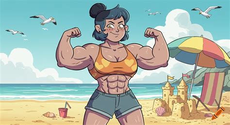 A Muscular Cartoon Character Resembling Lilo Flexing On A Beach At