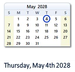May 4 2028 Calendar With Holidays And Count Down Usa