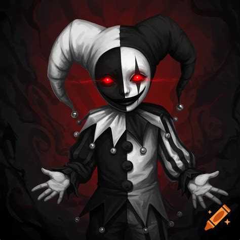A Black And White Jester With Evil Red Eyes Stands Against A Dark Red Background On Craiyon