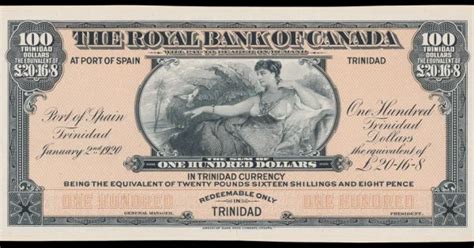 Trinidad And Tobago Royal Bank Of Canada 100 Dollars 1920 Front Proof
