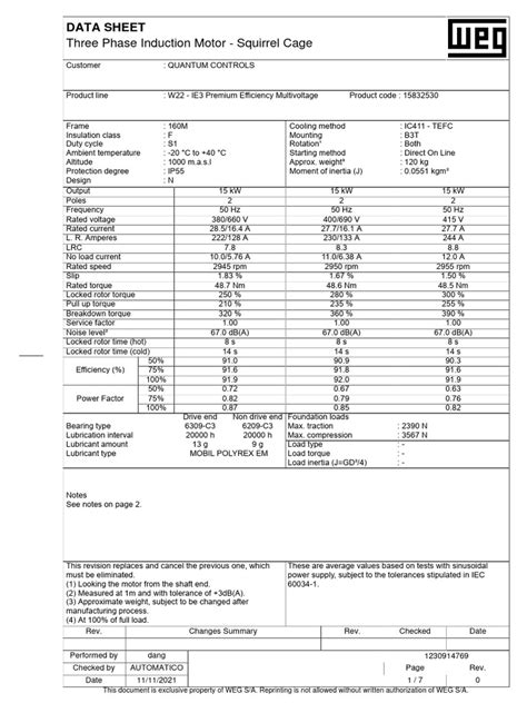 Weg 15kw 2p B3 Ie3 Wimes Data Sheet Pdf Electric Motor Electricity