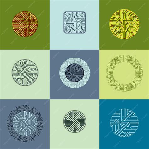premium vector set of vector technology cpu designs with square and circular microprocessor