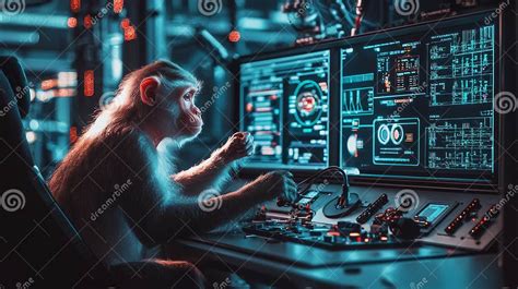 A Curious Monkey Interacts With Advanced Technology In A Futuristic