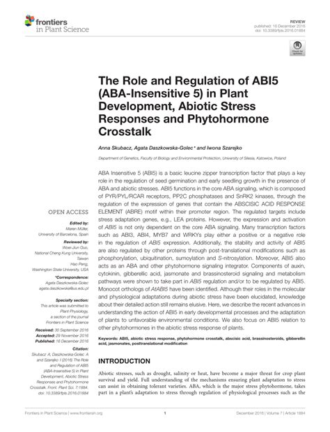 Pdf The Role And Regulation Of Abi5 Aba Insensitive 5 In Plant