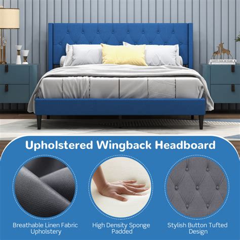 Queen Size Upholstered Platform Bed With Button Tufted Wingback