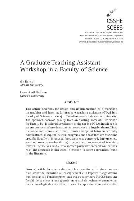Pdf A Graduate Teaching Assistant Workshop In A Faculty Of Science