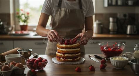 A Person Is Assembling A Layer Cake In A Kitchen They Are Adding Fresh