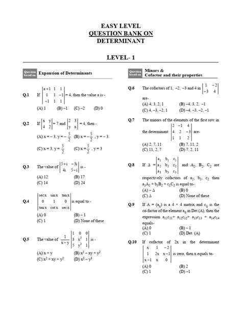 Easy Determinant Question Bank Pdf Determinant Mathematics