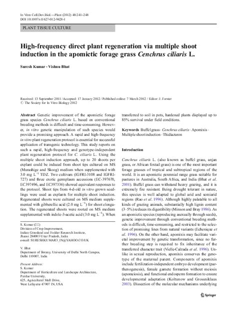 Pdf High Frequency Direct Plant Regeneration Via Multiple Shoot Induction In The Apomictic