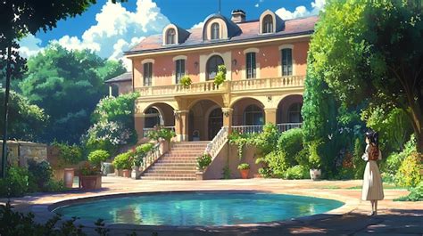 Anime Style Scene Of A Woman Standing In Front Of A Pool Premium Ai