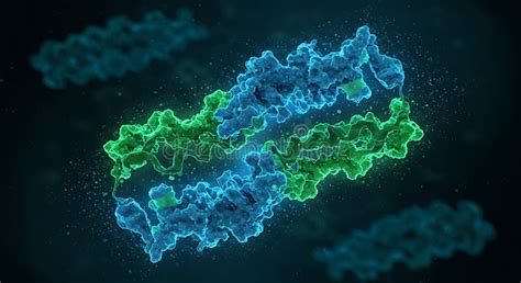 Molecular Structure Visualization With Green And Blue Glowing Protein Complex Stock Illustration