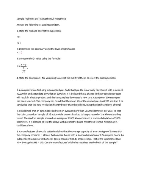 Sample Problems On Testing The Null Hypothesis Pdf