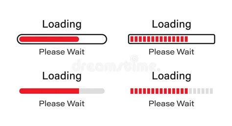 Loading Please Wait Symbol Icon Set In Red Colour And In Four Different Styles Stock Vector