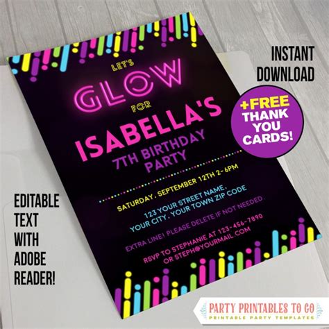 Neon Glow Party Invitation Instant Dowload Glow In The Dark