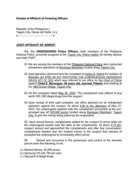 Sample Of Affidavit Of Arresting Officers Pdf Affidavit Criminal Law
