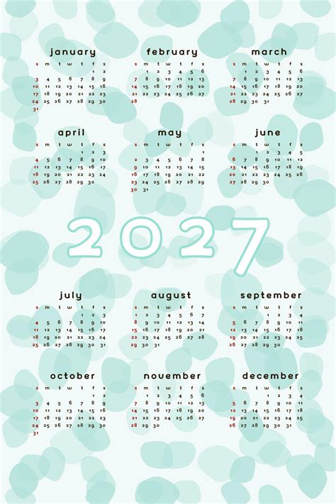 2027 Calendar Template Vertical Format Teal Blue Green Abstract