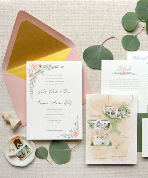 Santa Barbara Wedding Invitation With Watercolor Peonies Olive