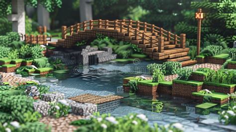 Pixel Art Bridge Over A River In A Lush Digital Forest Minecraft