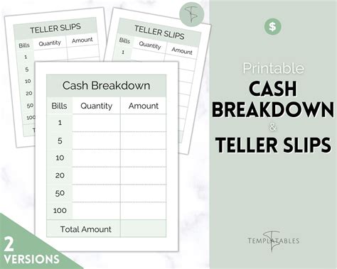 Printable Cash Breakdown Teller Slips Cash Slips Bank Teller Cash