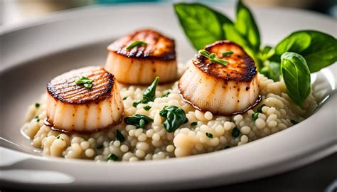 Seared Scallops With Basil Risotto Stock Illustration Illustration Of Vegetable Seared 300261749