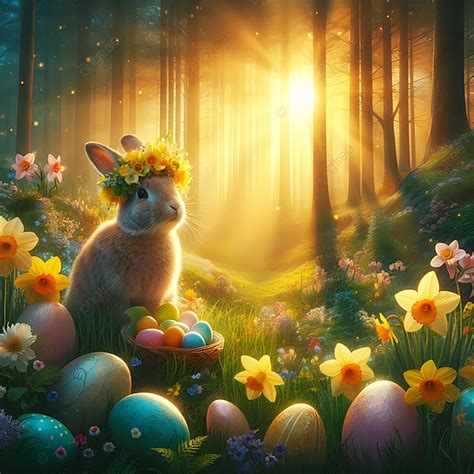 Easter Concept Bg Background White Rabbit Crown Of Flowers Easter Eggs Background Image And